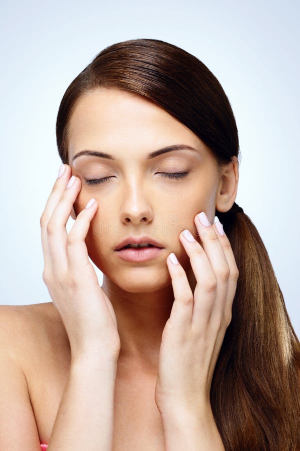 Woman with Eyes Closed Touching Her Face Stock Image - Image of hair ...