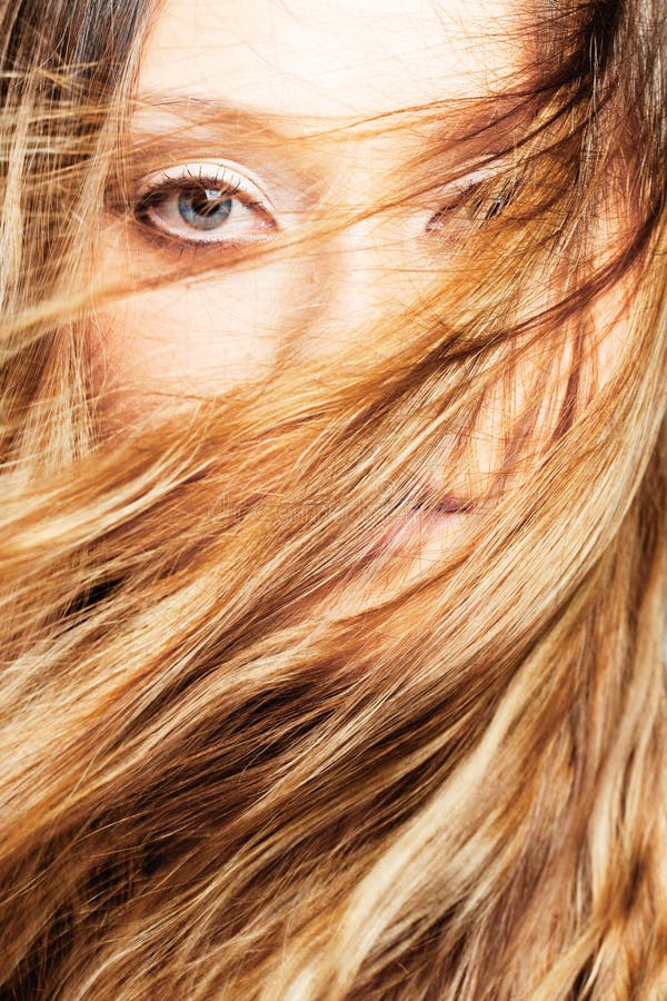 Woman Face Behind Flying Hair Stock Photo - Image of glamour, brown ...