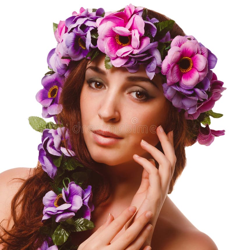 Woman Face Close-up , Wreath Flowers Stock Photo - Image of face ...