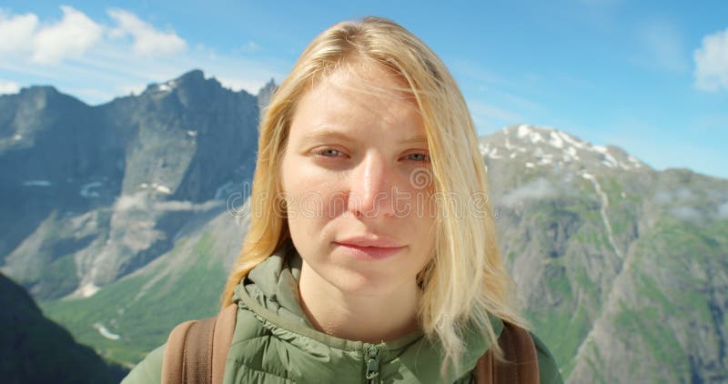 Woman Face And Hiking In Outdoors On Trip Adventure And Relaxing On