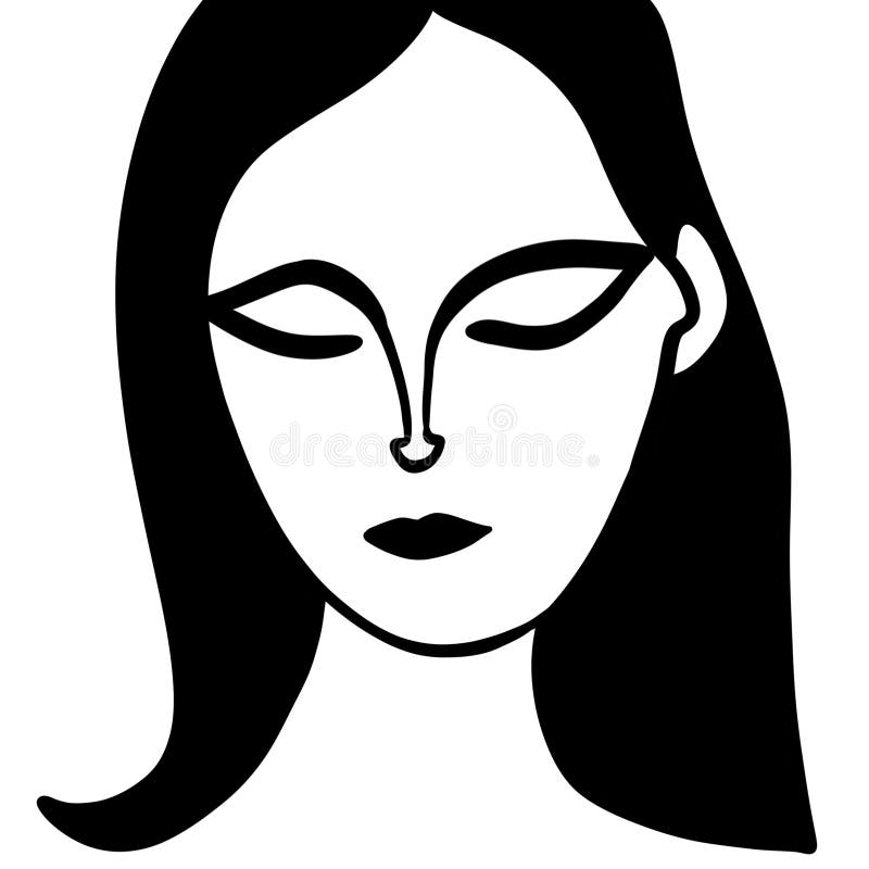 Illustration Woman Face Line Art Black and White Minimal Style Stock ...