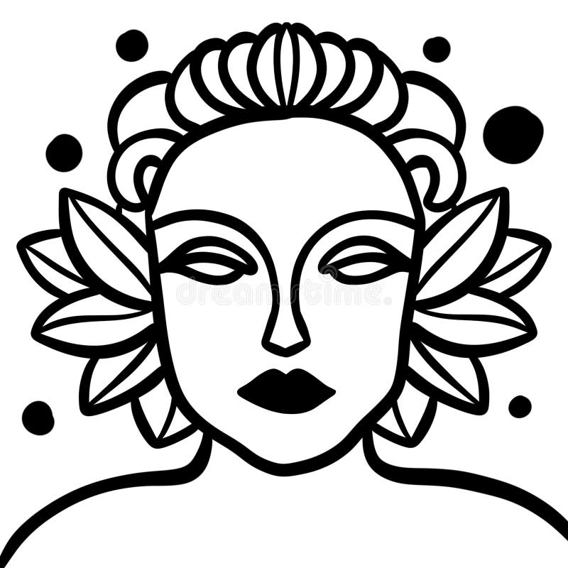 Illustration Woman Face Line Art Black And White Minimal Style Stock
