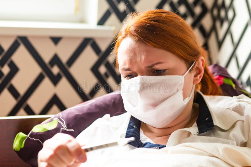 Woman in Face Mask Lying in Bed. Stock Image - Image of girl, medicine ...