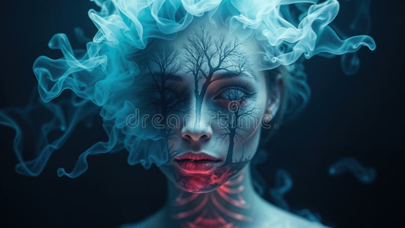 Woman Face Merging with Forest at Sunset Showing Connection with Nature ...