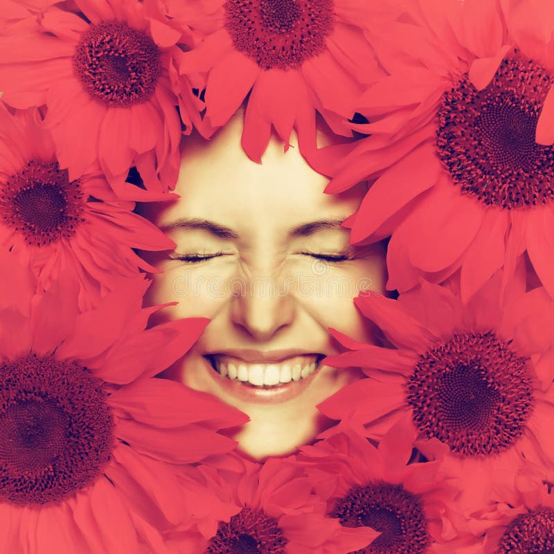 Woman Face And Pink Flowers Stock Photo - Image of joyful, modern: 45004604