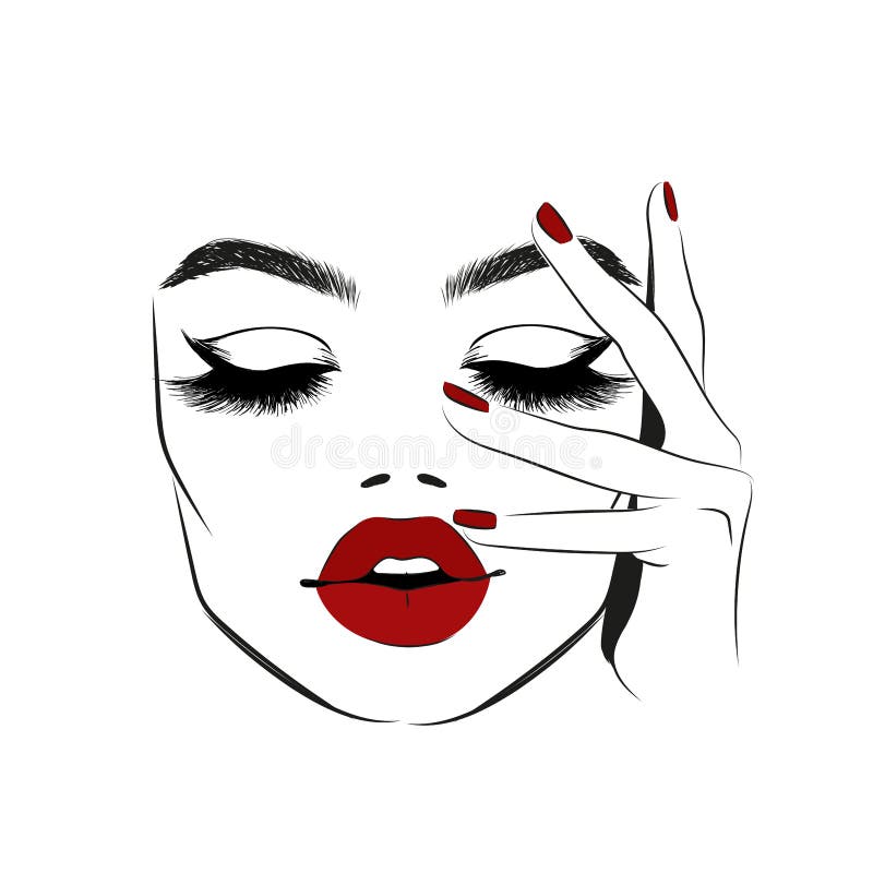 Woman Face with Red Lips and Lashes Stock Vector - Illustration of hand ...
