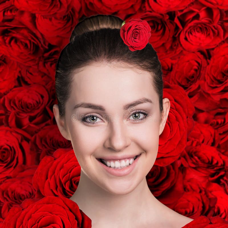Woman Face on the Red Roses Background Stock Image - Image of ageing ...