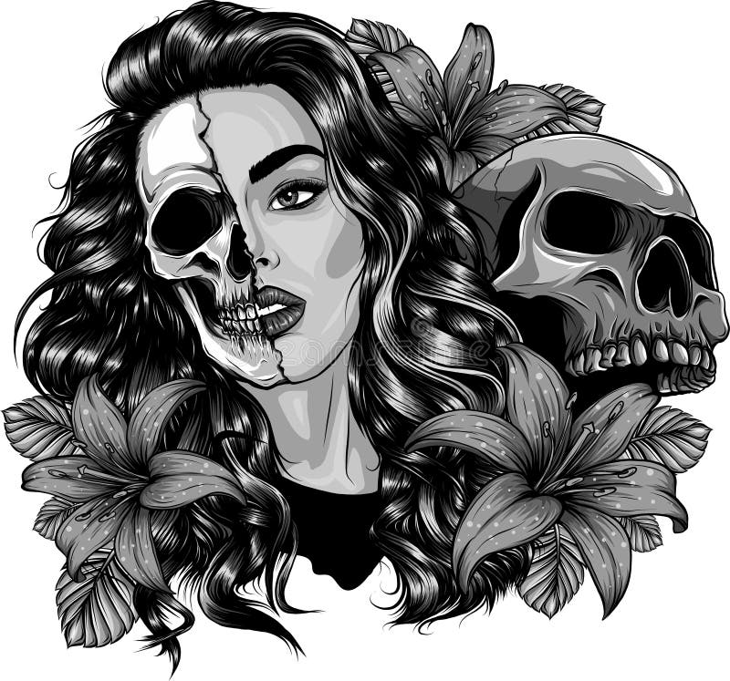Design of Woman Face with Skull and Flower Illustration Stock Vector ...