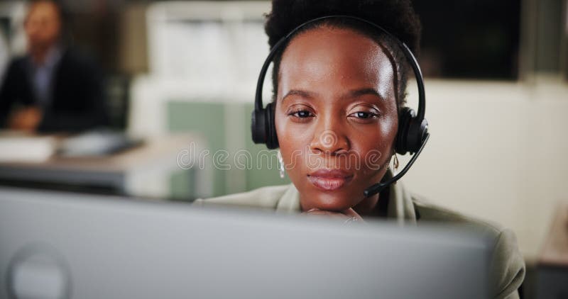 Woman, Face and Thinking at Computer for Call Center, Communication or ...