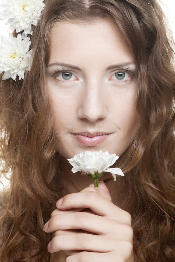 Woman Face with White Flowers Stock Photo - Image of cheerful, bright ...