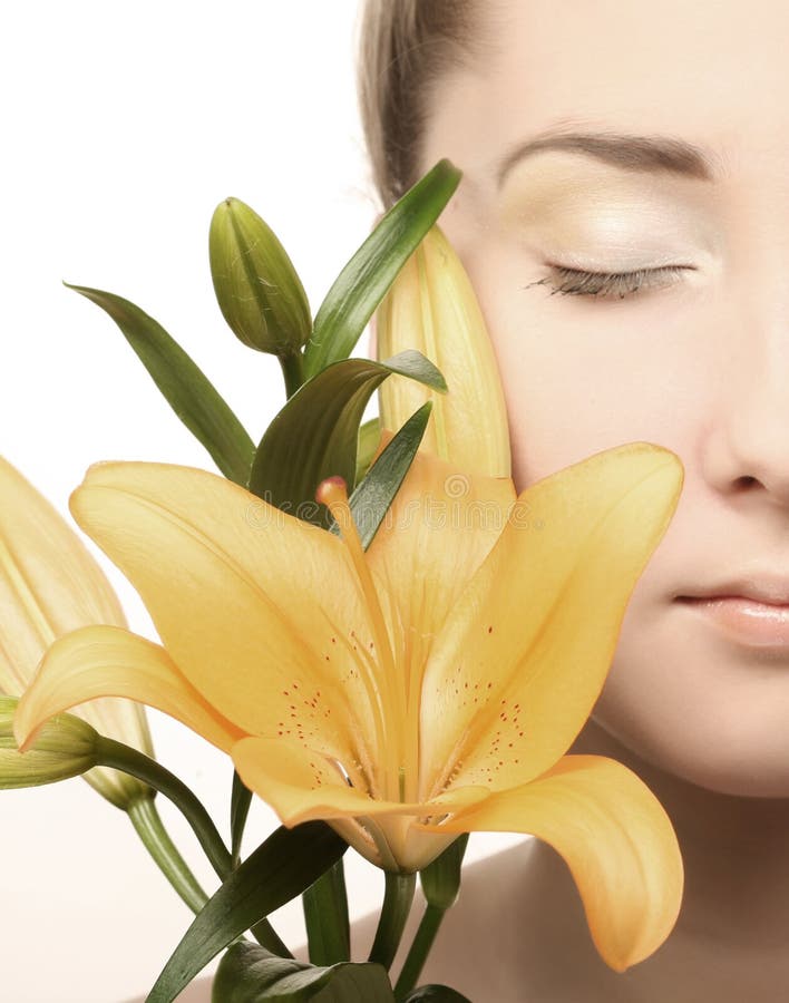 Woman Face with Yellow Lily Flower Stock Image - Image of brunette ...