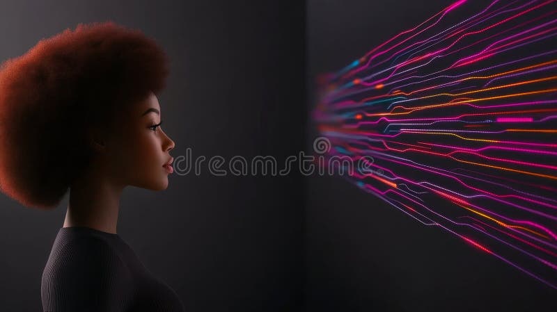 Woman Facing Digital Stream a Black Woman with an Afro Faces a Vibrant ...