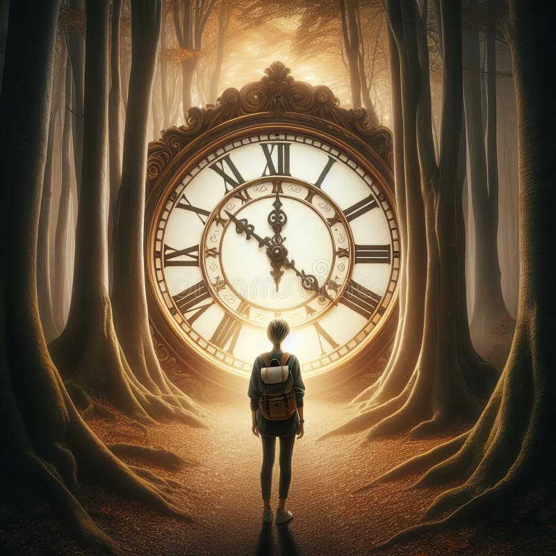 Woman Facing Giant Forest Clock Stock Illustration - Illustration of ...