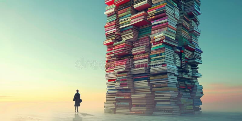 Woman Facing a Mountain of Books. Created by Generative Artificial ...