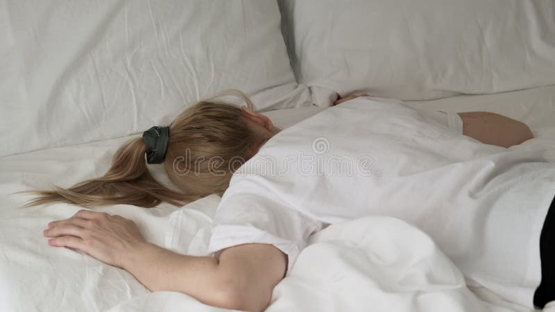 Woman fall on bed stock footage. Video of bedtime, sleep - 249966356