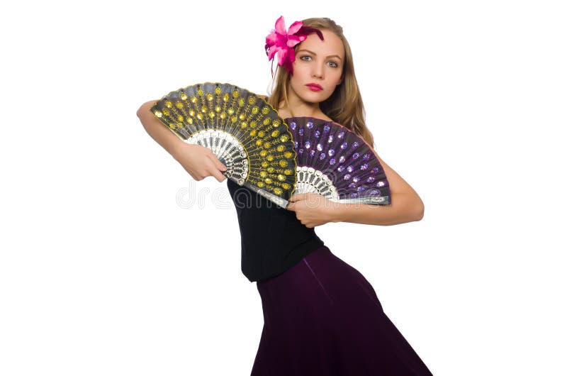 The Woman with Fan Dancing Dances Isolated on White Stock Image - Image ...