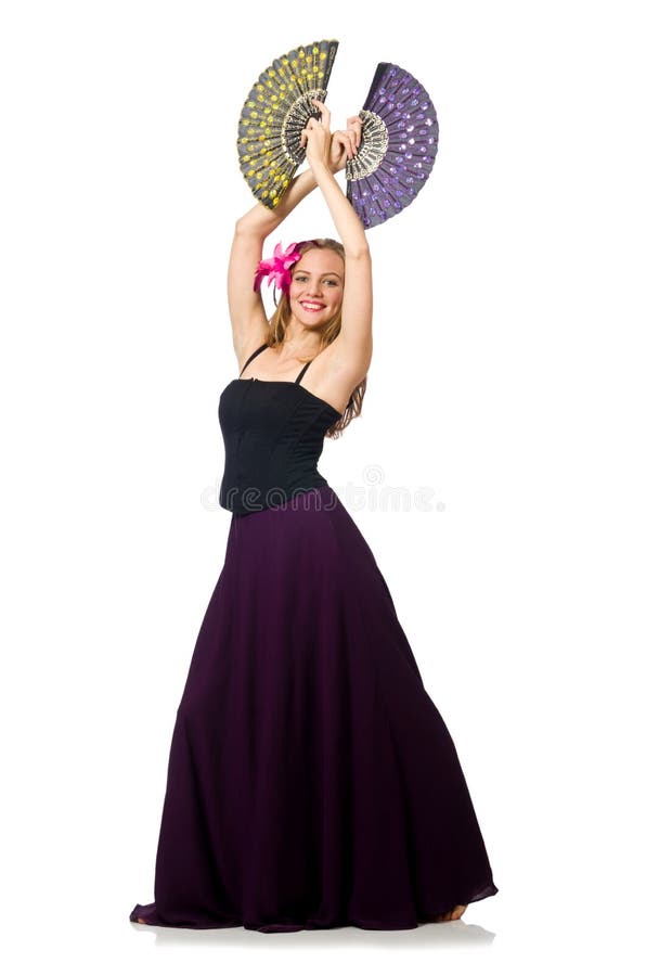 The Woman with Fan Dancing Dances Isolated on White Stock Photo - Image ...