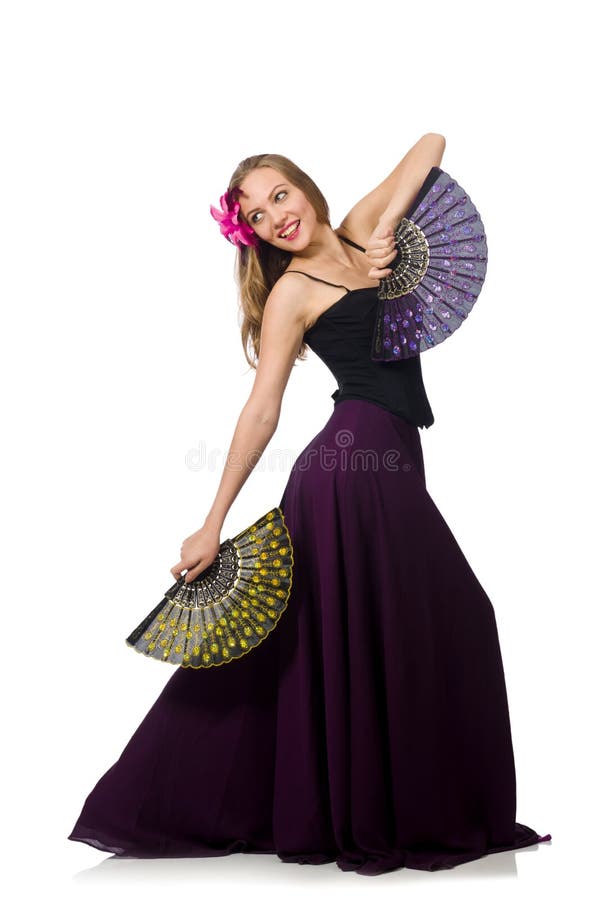 The Woman with Fan Dancing Dances Isolated on White Stock Image - Image ...