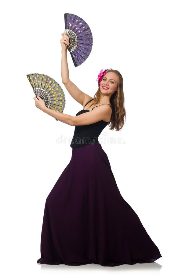 The Woman with Fan Dancing Dances Isolated on White Stock Photo - Image ...