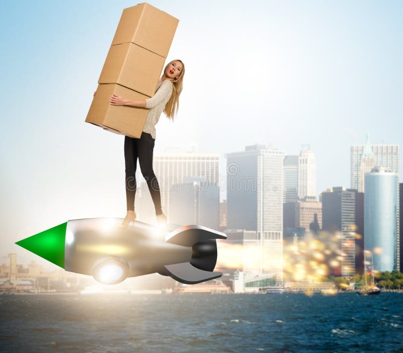 Woman in Fast Box Delivery Service on Rocket Stock Image - Image of ...