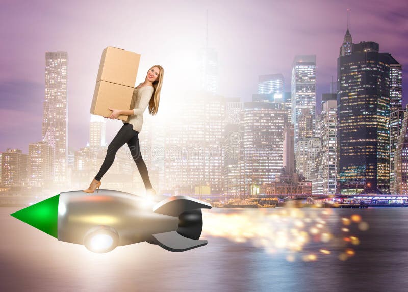Woman in Fast Box Delivery Service on Rocket Stock Photo - Image of ...