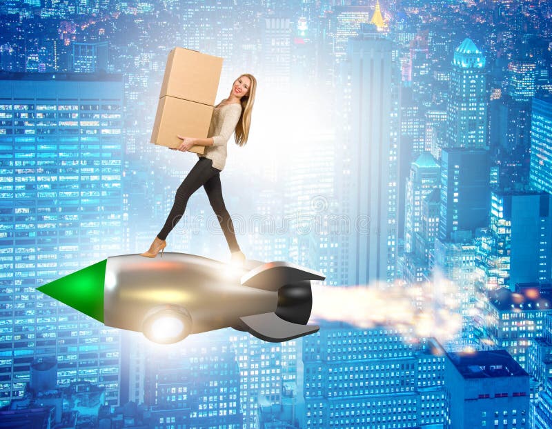 Woman in Fast Box Delivery Service on Rocket Stock Image - Image of ...