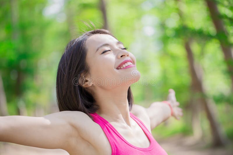 Woman feel free in forest stock photo. Image of carefree - 123192210
