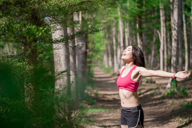 Woman feel free in forest stock photo. Image of exercise - 123577582