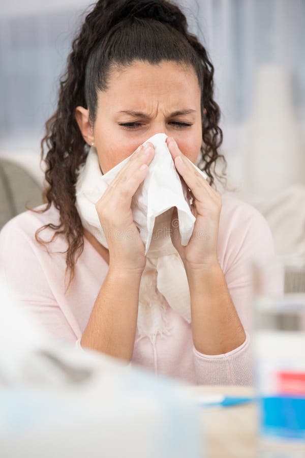 Woman Feel Sick and Sneeze at Home Stock Image - Image of blanket ...