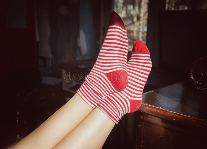 Woman Feet in Red Socks. Relax Concept Stock Photo - Image of striped ...