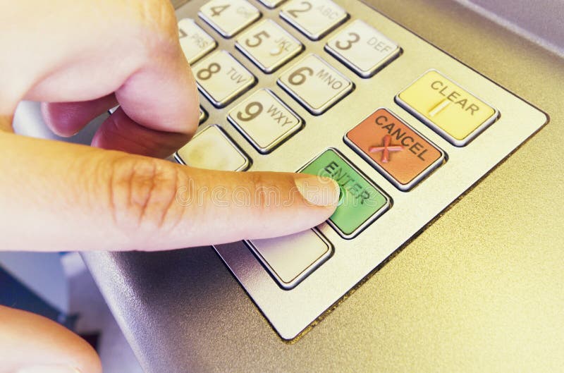 Woman Finger Press Enter on ATM. Stock Photo - Image of banking ...