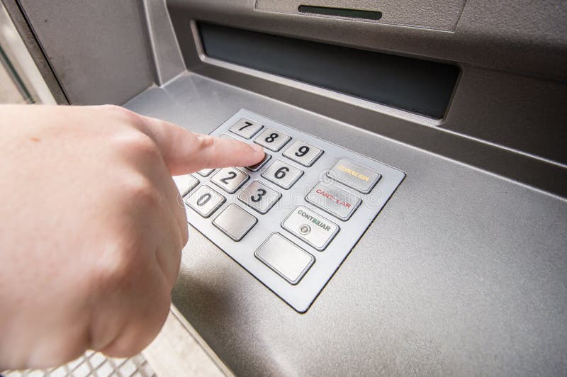 Woman Finger Pressing Password Number on ATM Machine Stock Photo ...