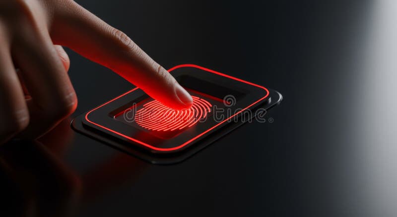 Woman Finger Scanning with Red Light on Biometric Reader. Fingerprint ...