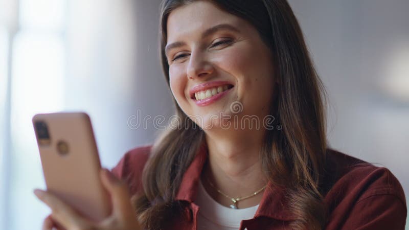 Woman Finger Tapping Cellphone Screen at Home Closeup. Brunette Opening ... Woman Finger Tapping Cellphone Screen at Home Closeup. Brunette Opening ...