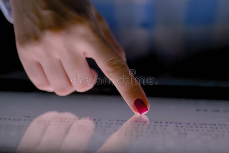 Woman Finger Using Multimedia Touchscreen Display of Interactive Kiosk ...
