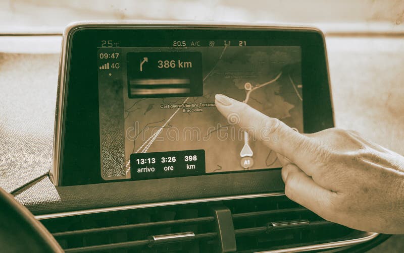 Woman Finger Using Navigation System while Driving a Car Stock Photo ...