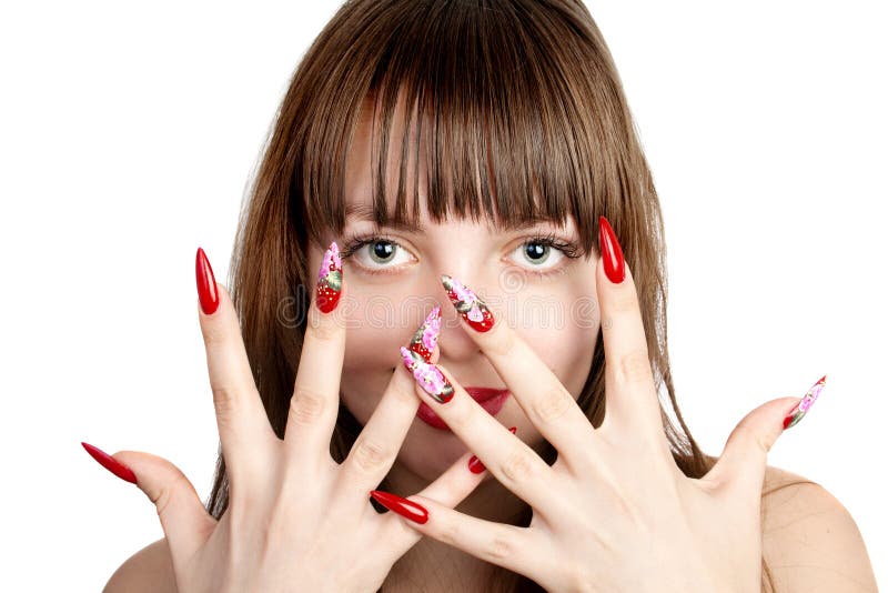 Beautiful Woman with Long Designer Nails Stock Image - Image of ...