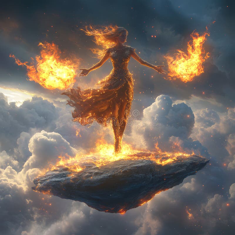 Woman with Fire Powers Levitating Above Clouds, Dramatic Scene Stock ...