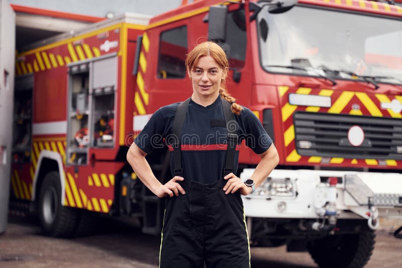 Woman Firefighter in Uniform is at Work in Department Stock Image ...