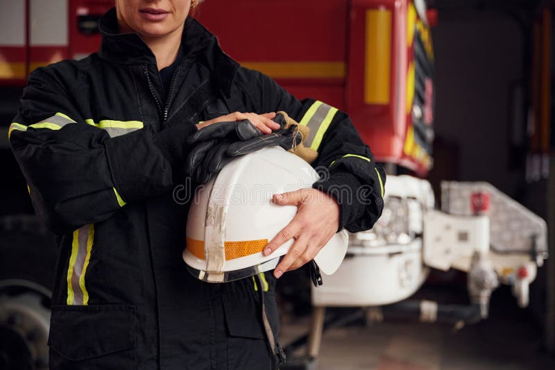 Woman Firefighter in Uniform is at Work in Department Stock Image ...