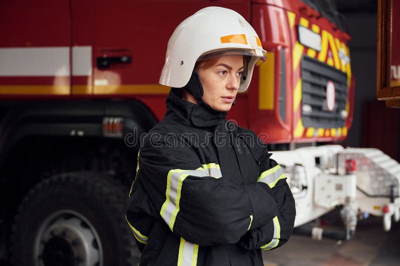 Woman Firefighter in Uniform is at Work in Department Stock Image ...