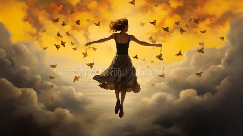 Woman Floating in the Air with Butterflies and Cut Strings Stock ...