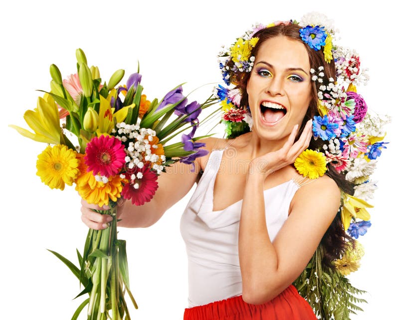 Woman with flower bouquet. stock photo. Image of beauty - 30021316