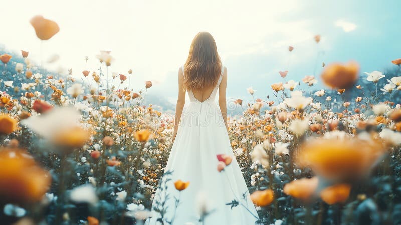 Woman in Flower Field, AI Generated Stock Illustration - Illustration ...