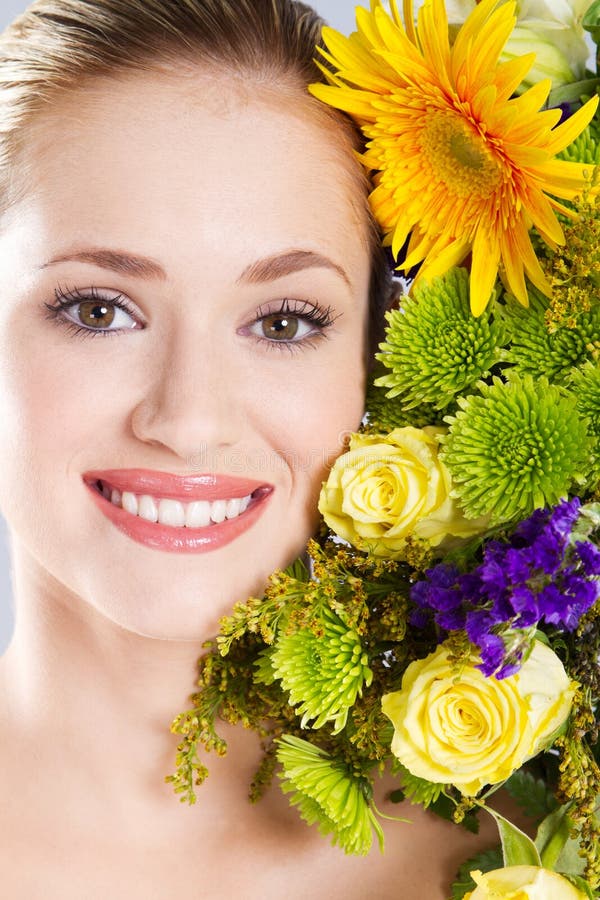 Portrait of Beautiful Smiling Woman with Flowers. Clear Skin Stock ...