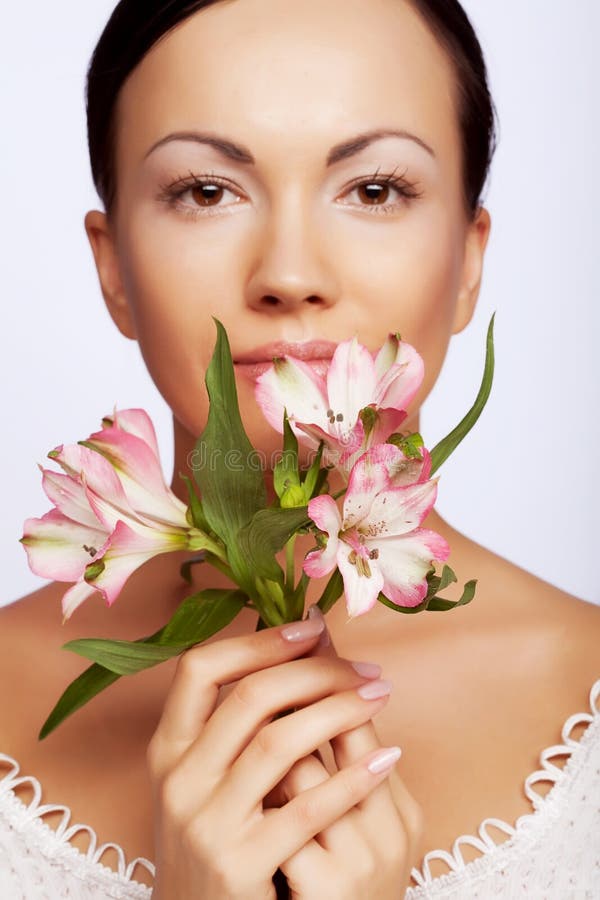 Woman with Flowers Isolated on White Stock Image - Image of head ...