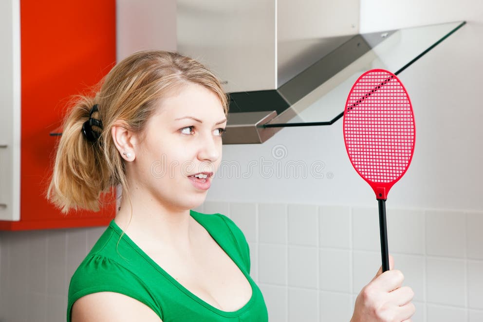 Woman with a fly swat stock photo. Image of person, gnat - 12399644