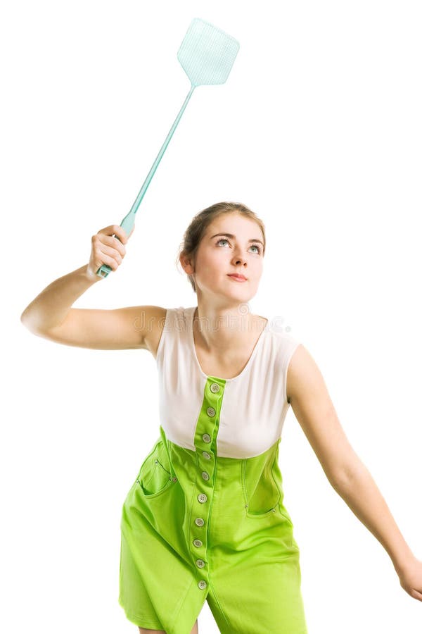 Woman with fly swatter stock image. Image of hitting - 17013329