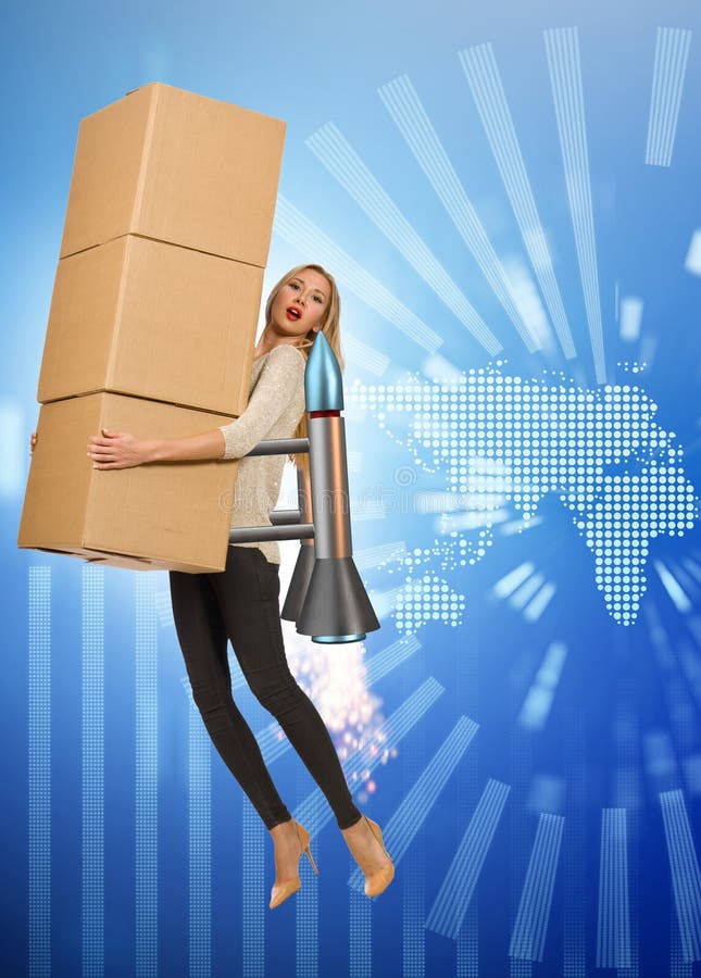 Woman Flying Jetpack and Delivering Boxes Globally Stock Image - Image ...