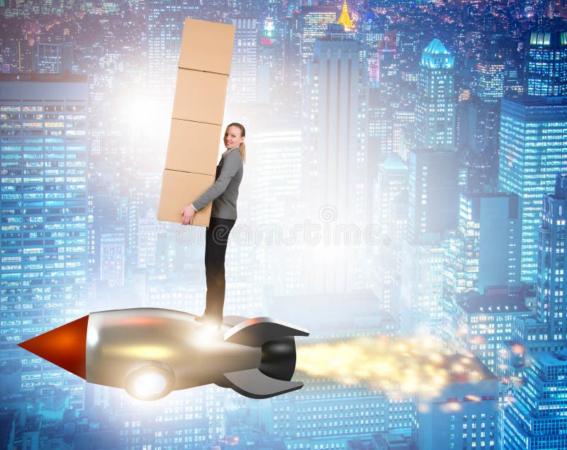 Woman Flying Rocket and Delivering Boxes Stock Photo - Image of ...